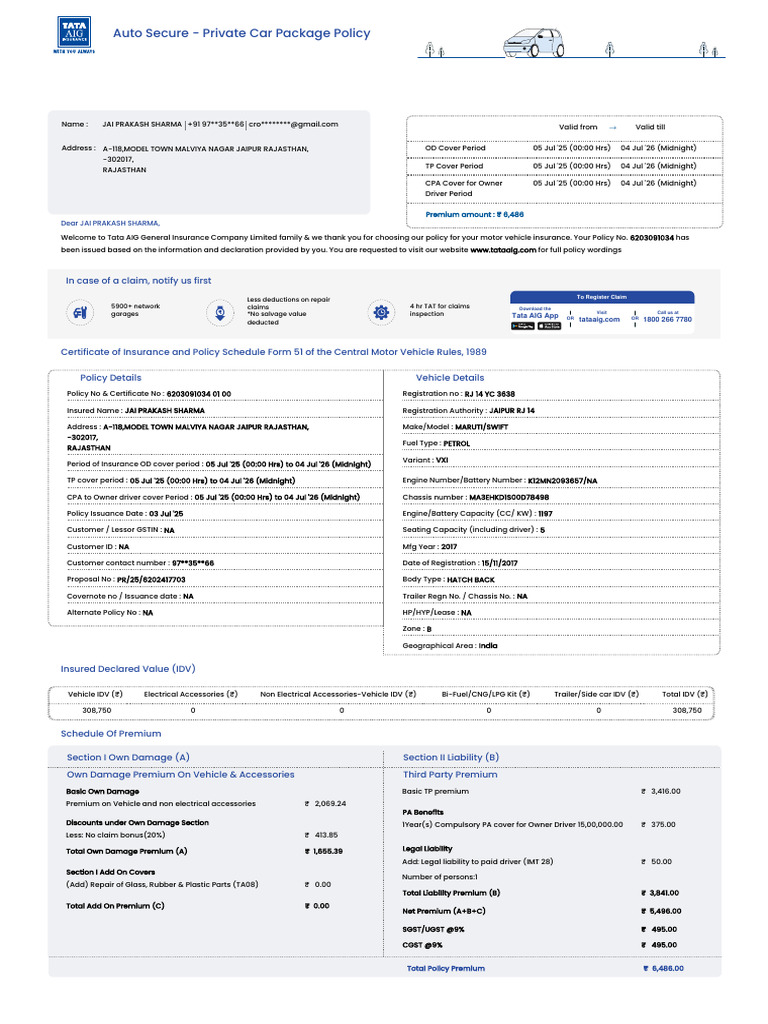 Tata AIG Motor Insurance Policy Details | PDF | Insurance | Deductible