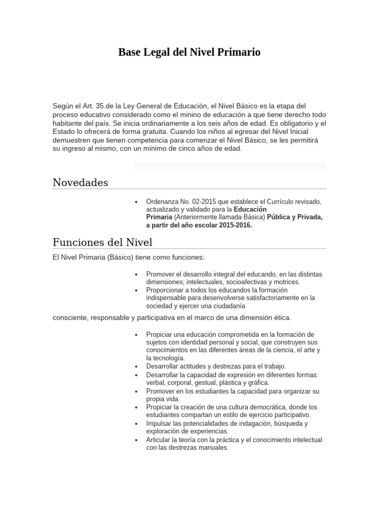Base Legal y Funciones de Educación Primaria | PDF | Educación primaria ...