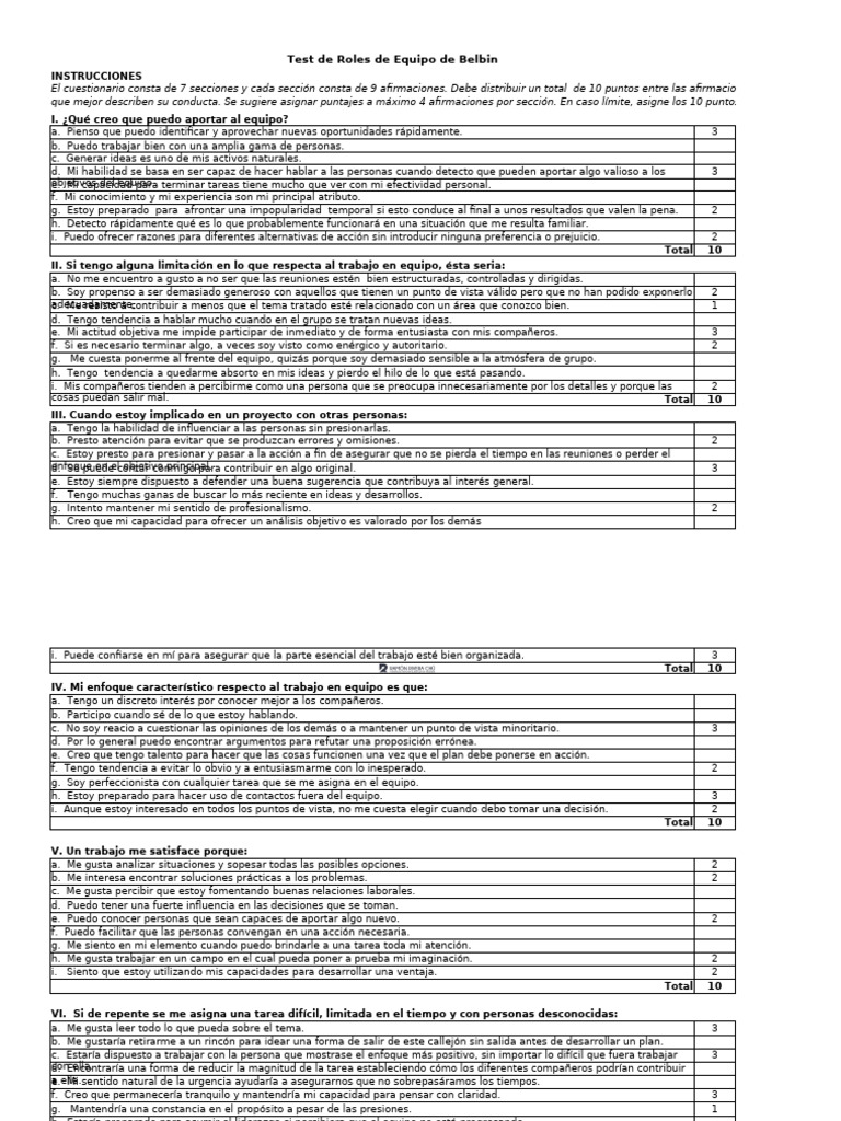 Test de Roles de Equipo Belbin | PDF | Conceptos psicologicos | Cognición
