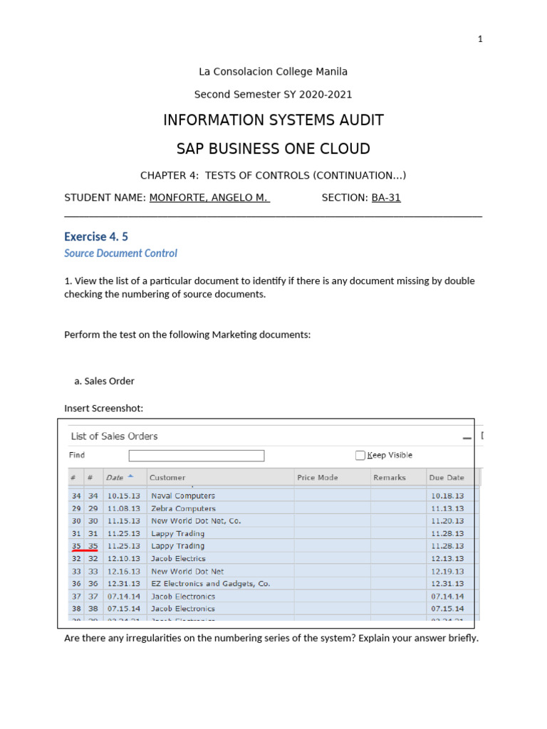 Is Audit Sapb1cloud-Exercise 4-5 To 4-8 Tests of Controls - Student | PDF