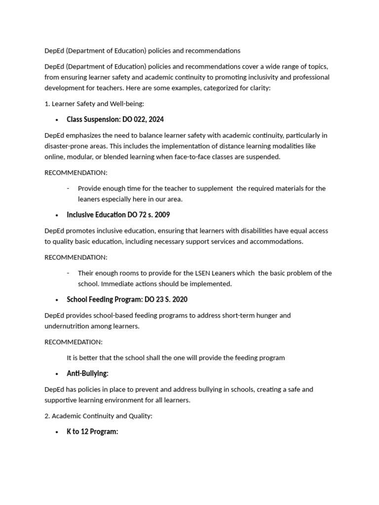 Deped Policies Andd Recommendation | PDF | Inclusion (Education) | Learning
