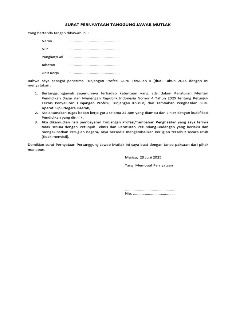 Surat Pernyataan Tanggung Jawab Mutlak | PDF