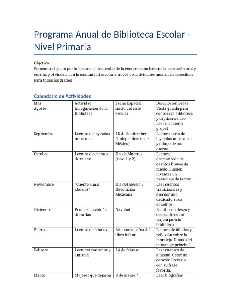 Programa de Actividades Bibliotecarias Primaria | PDF