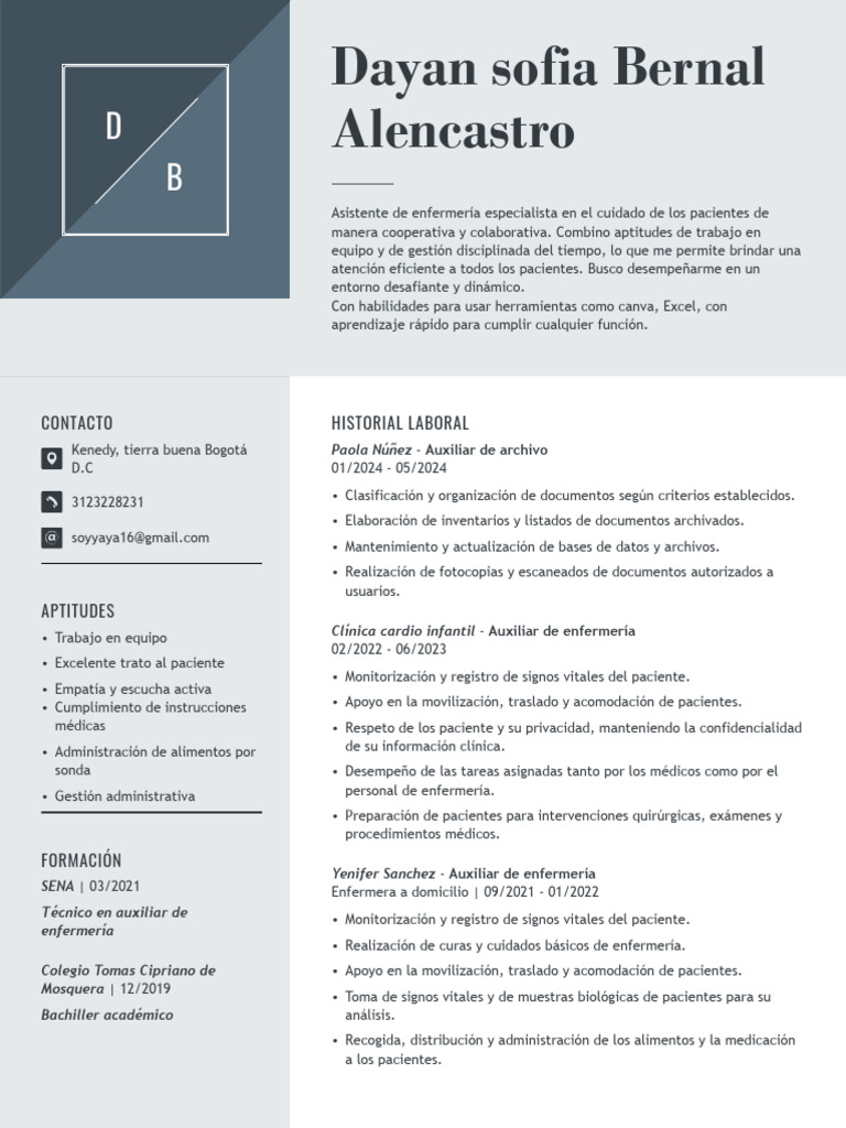 Dayan Sofia Bernal Alencastro CV | PDF | Enfermería | Cuidado de la salud