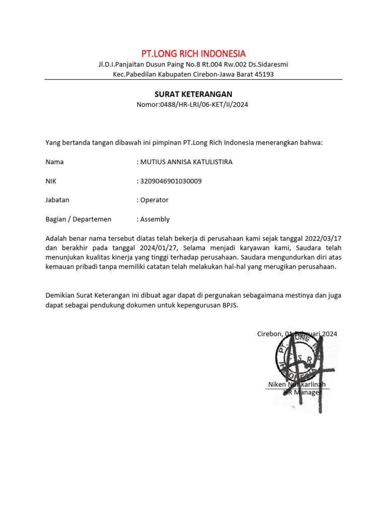 Surat Keterangan Resign PT Long Rich | PDF