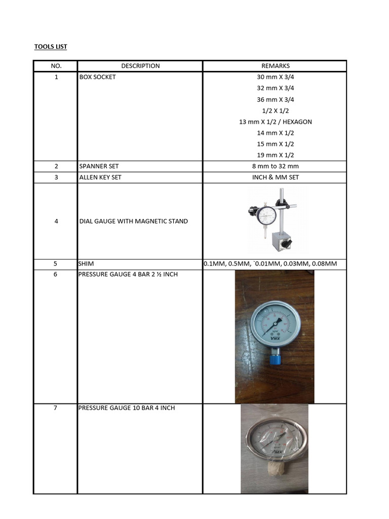 Tools List & Spare Parts Needed | PDF