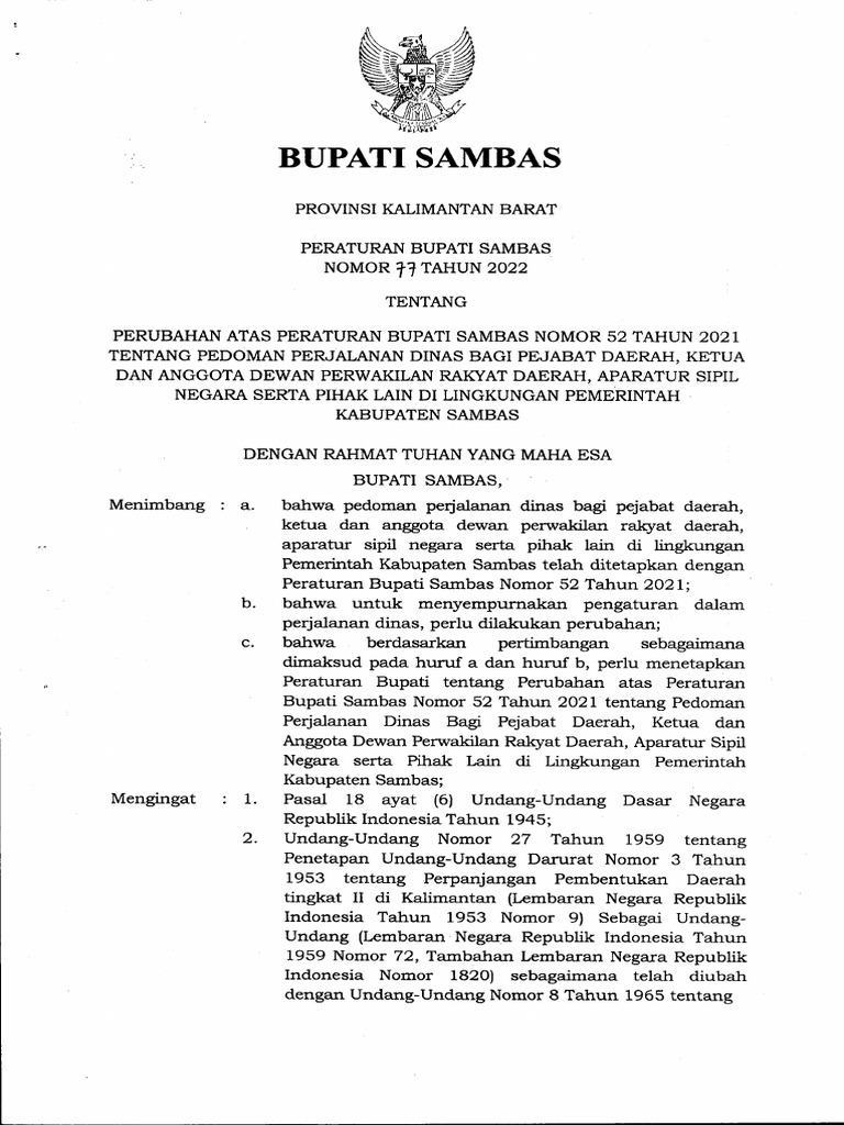 2022 - Perbub No. 77 TH 2022 TTG Perubahan Atas Perbub No. 52 TH 2021 TTG Pedoman Perjalanan ...