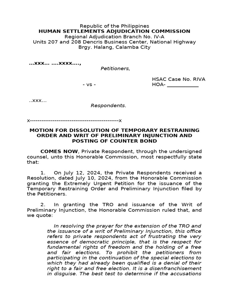 Motion For Dissolution of TRO | PDF | Injunction | Judiciaries