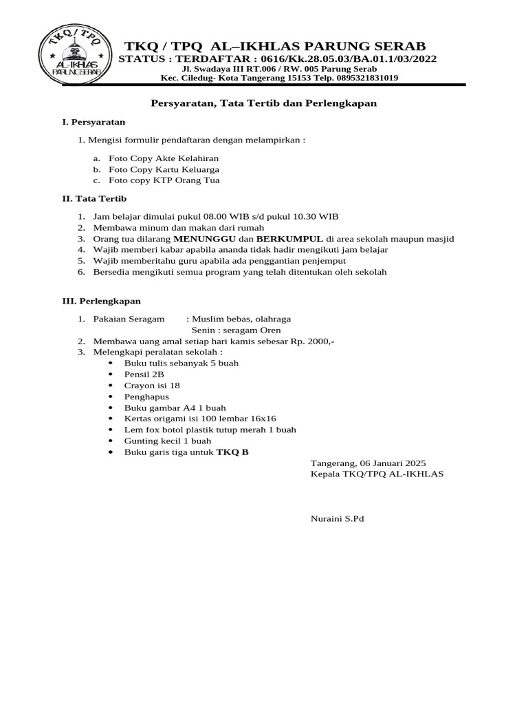 Pendaftaran TKQ TPQ | PDF