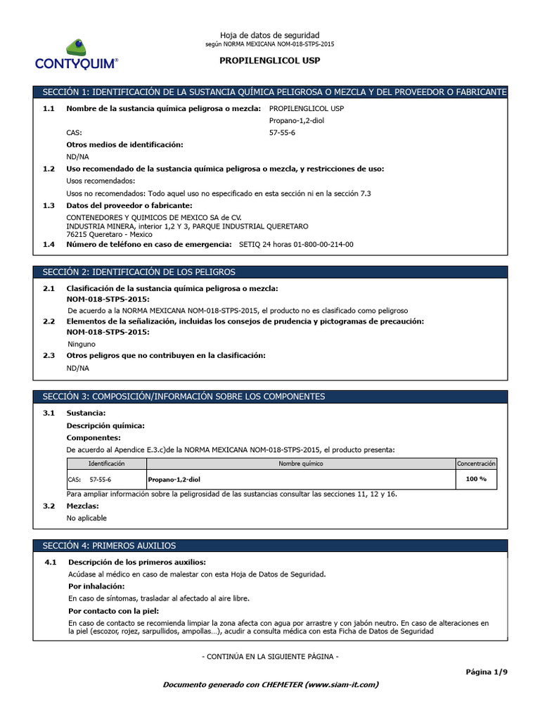 HDS Propilenglicol Uspv1 | PDF | Residuos | Agua