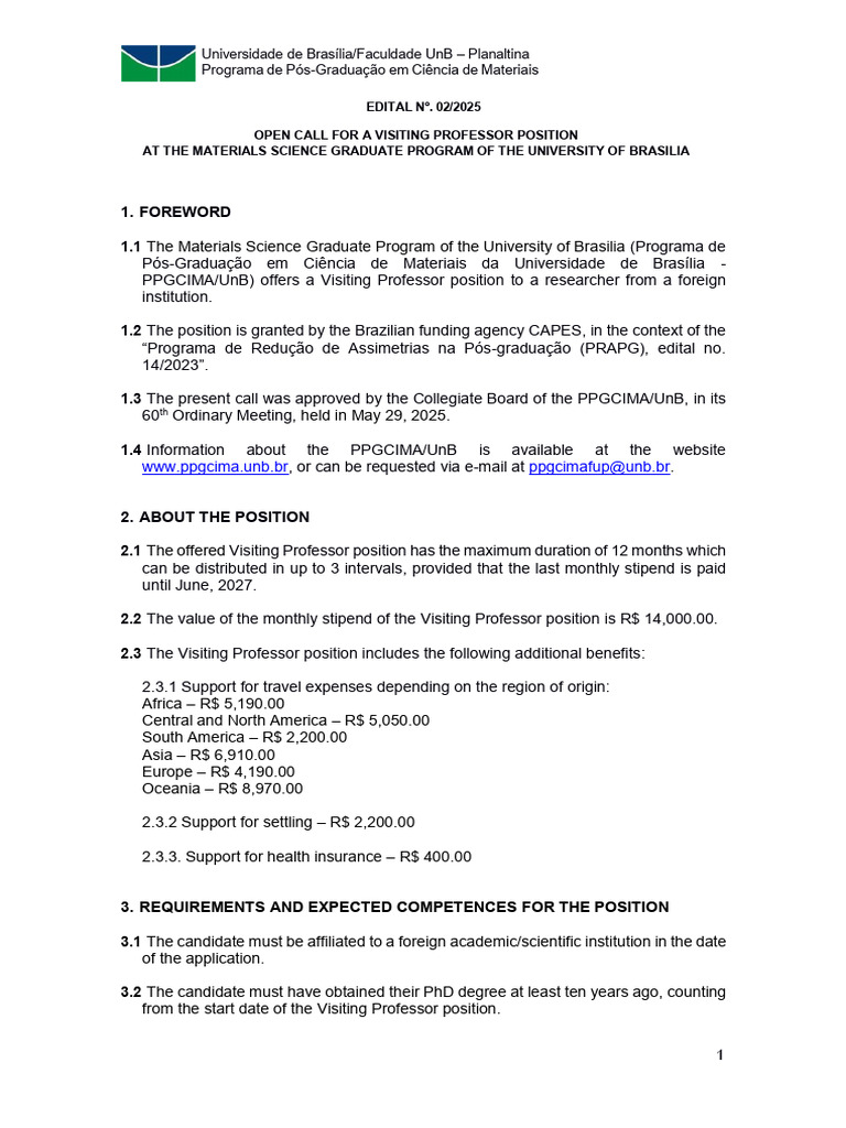 Call For Visiting Professor Position - Materials Science UnB | PDF