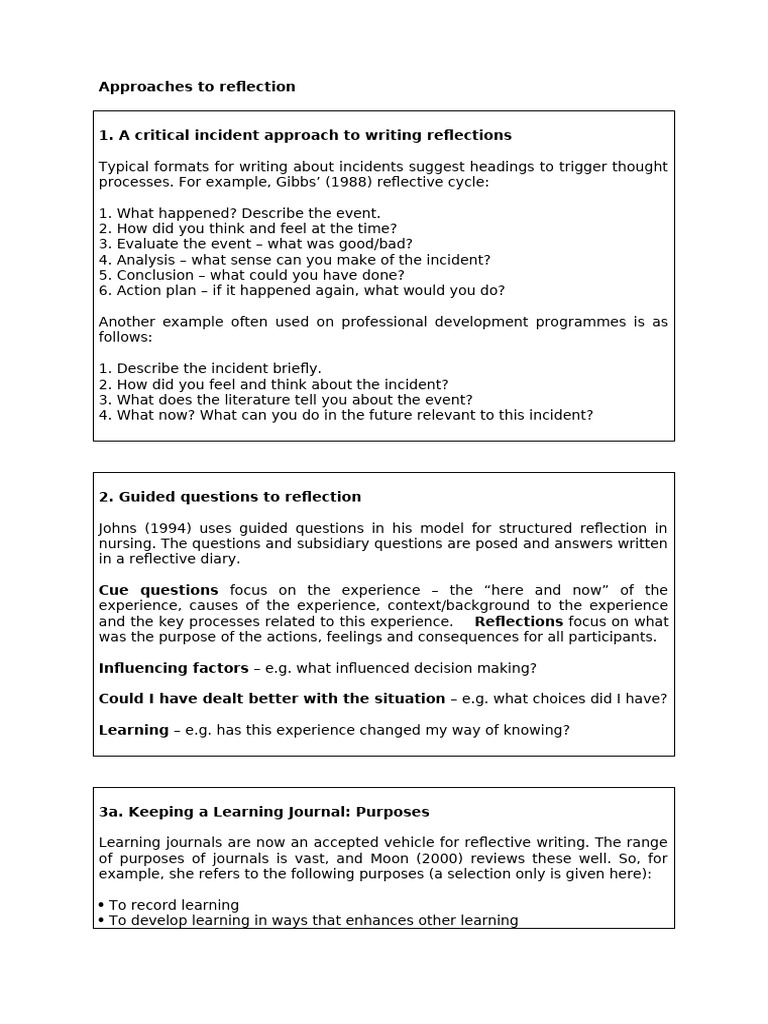 Approaches To Reflection Handout | PDF | Learning | Experience
