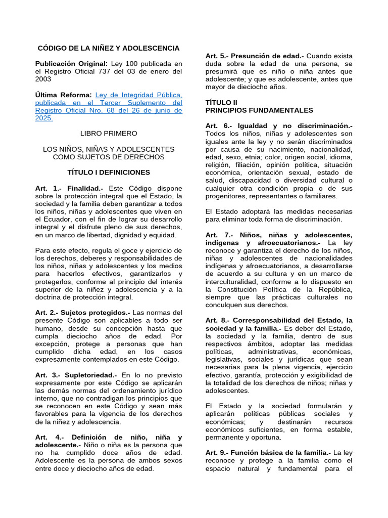 Codigo de La Ninez y Adolescencia 2025 Normativa Portal (1) | PDF | Privacidad | Invalidez