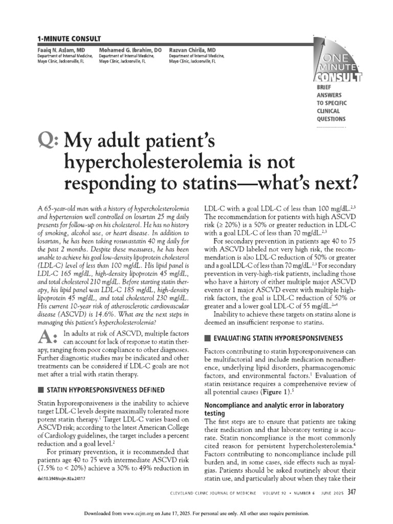 Hypercholesterolemia Not Responding To Statins CCJM 2025 | PDF