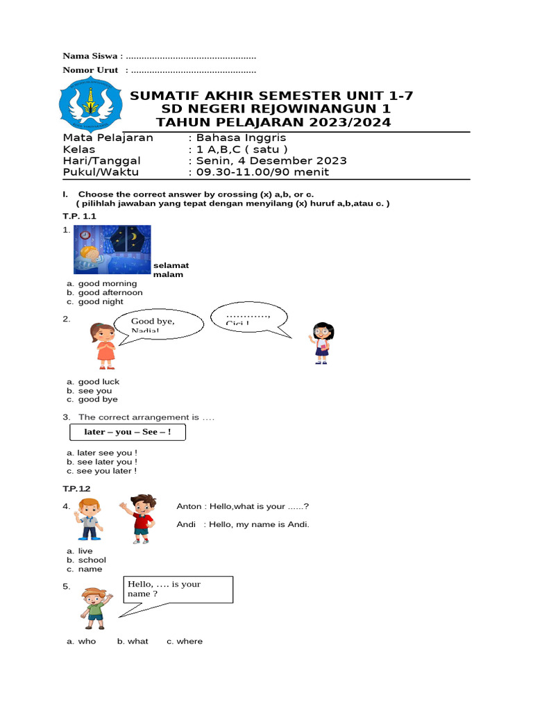 Soal SAS English Kelas 1 Kumer Kemendikbud Semester Gasal | PDF ...
