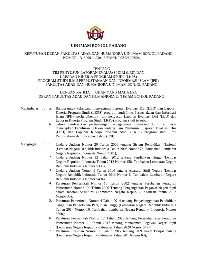 SK Dekan Tim Penyusun Led Dan LKPS Ipii | PDF