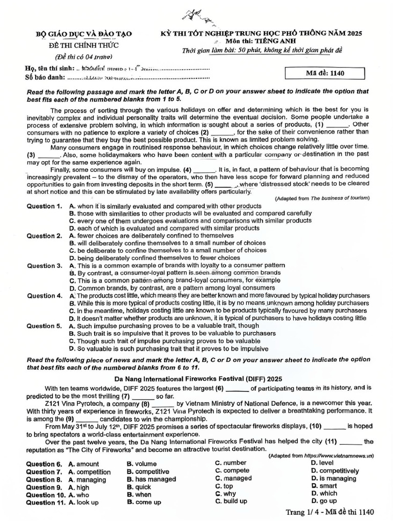 Đề Tốt Nghiệp THPTQG Tiếng Anh 2025 (1140) | PDF