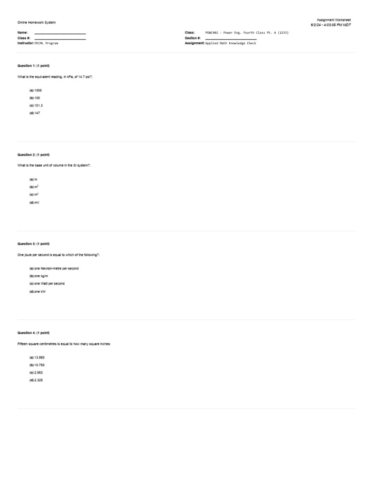 Applied Math Knowledge Check Worksheet | PDF | Sphere | Area