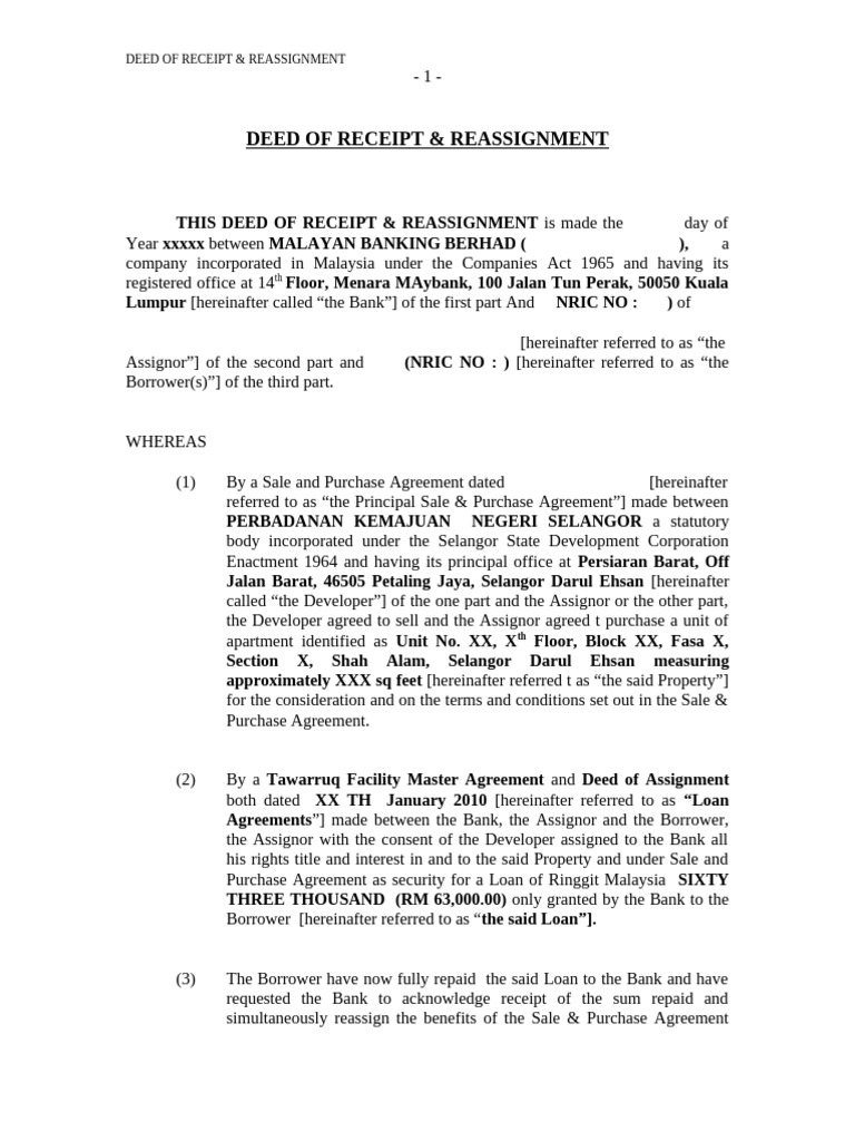 Deed of Receipt & Reassignment | PDF | Property Law | Civil Law (Common ...