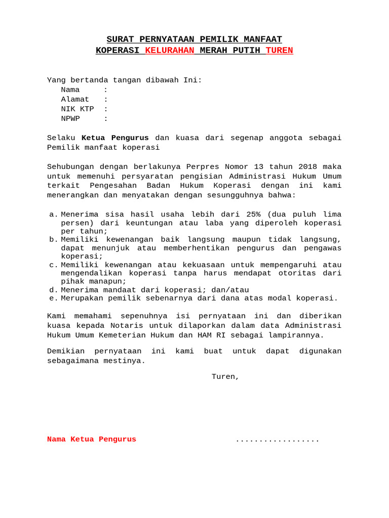 Surat Pernyataan Pemilik Manfaat KMP | PDF