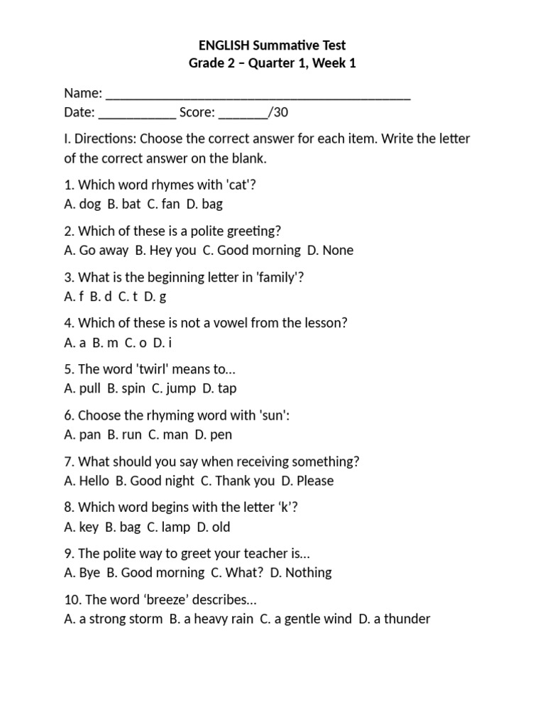 Grade 2 English Test: Quarter 1 | PDF