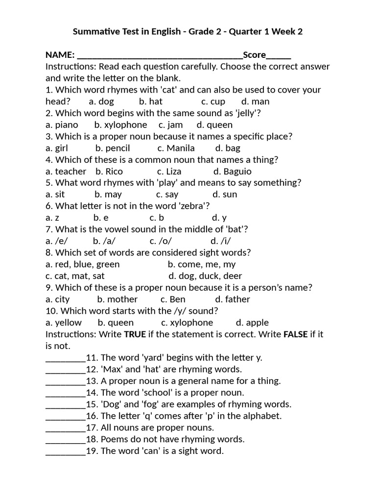 ENGLISH Summative Test Q1W2 | PDF | Linguistics