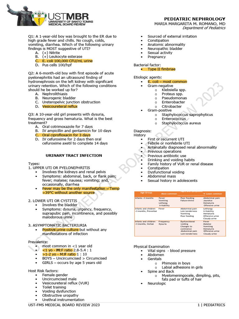 Ust Fms Mbr Pediatric Nephrology 2023_dr. Romano | PDF | Urinary Tract Infection | Kidney