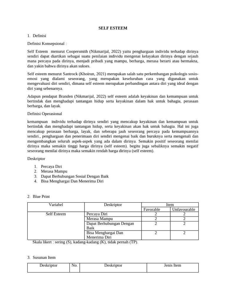 Angket Self Esteem, Wawancara Dan Matrik | PDF