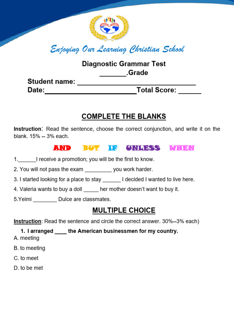 Diagnostic Grammar Test 10th. Grade With Answers | PDF