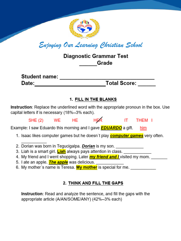 Diagnostic Grammar Test 8th. Grade With Answers | PDF | Linguistics