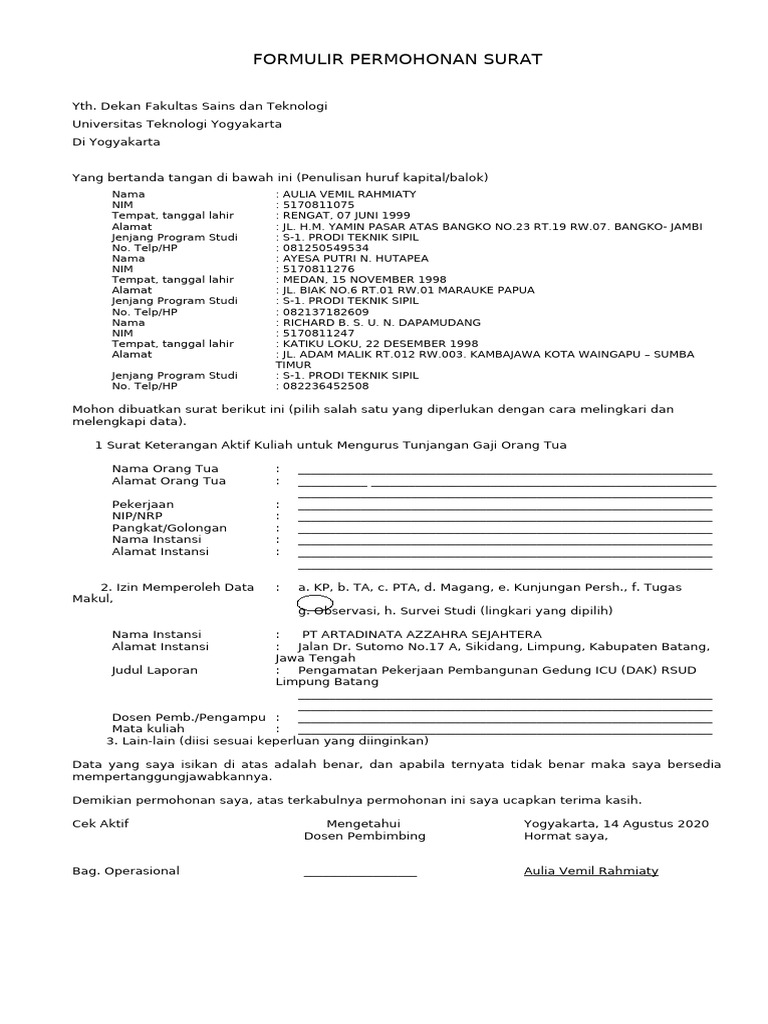 Formulir Permohonan Surat KP Limpung | PDF