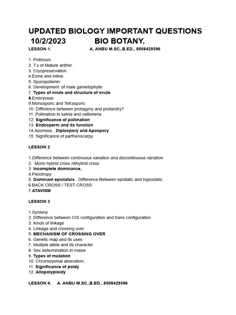 12th Biology EM Important Questions English Medium PDF Download | PDF ...