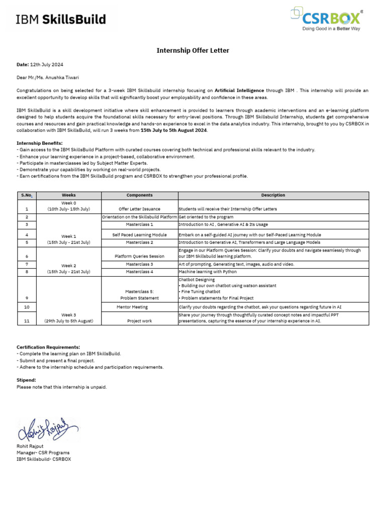 IBM Skillsbuild - AI Internship Offer Letters | PDF | Artificial Intelligence | Intelligence (AI ...
