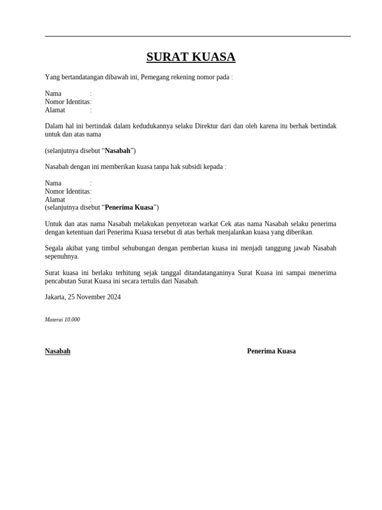 Surat Kuasa Setoran Warkat BCA | PDF