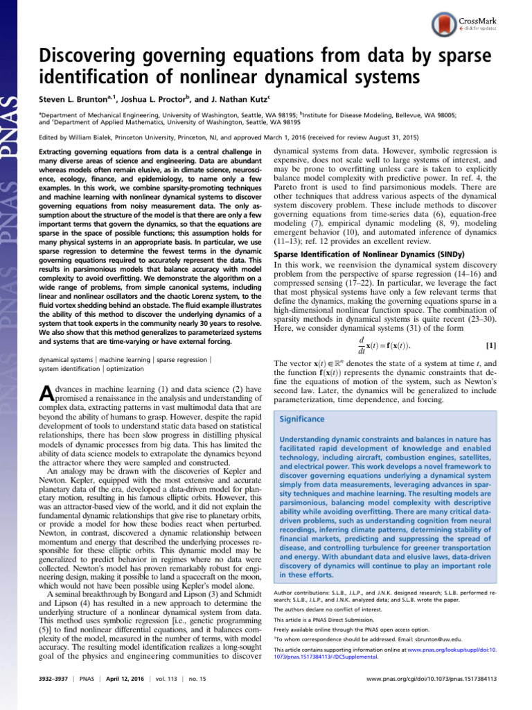 Brunton Et Al Discovering Governing Equations From Data by Sparse Identification of Nonlinear ...