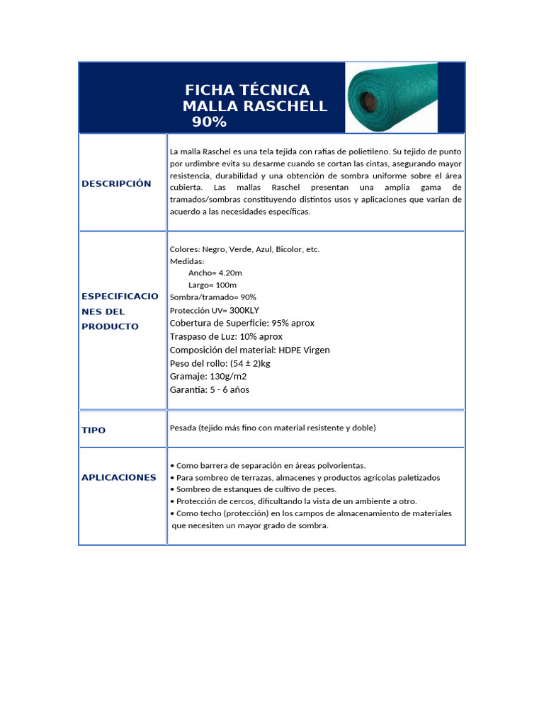 FICHA TÉCNICA-malla Rashell | PDF