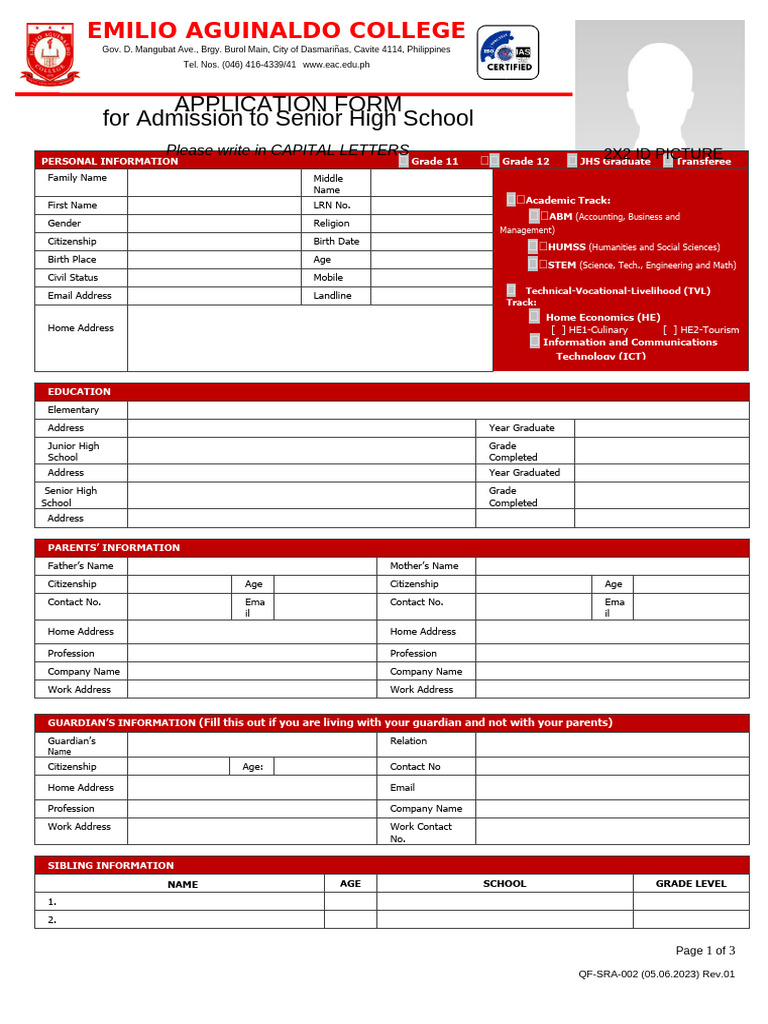 EAC Senior High School Application Form | PDF