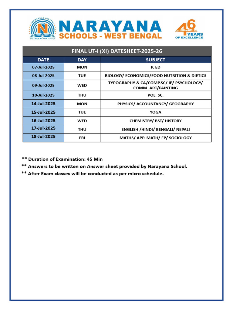 Final Date Sheet For Class-Xi Ut-I (Berhempore) | PDF