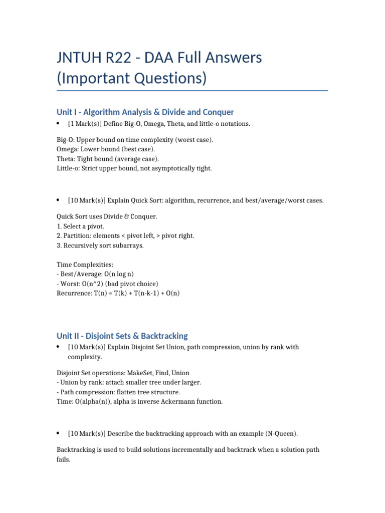 JNTUH R22 DAA Important QA | PDF | Time Complexity | Computational Complexity Theory