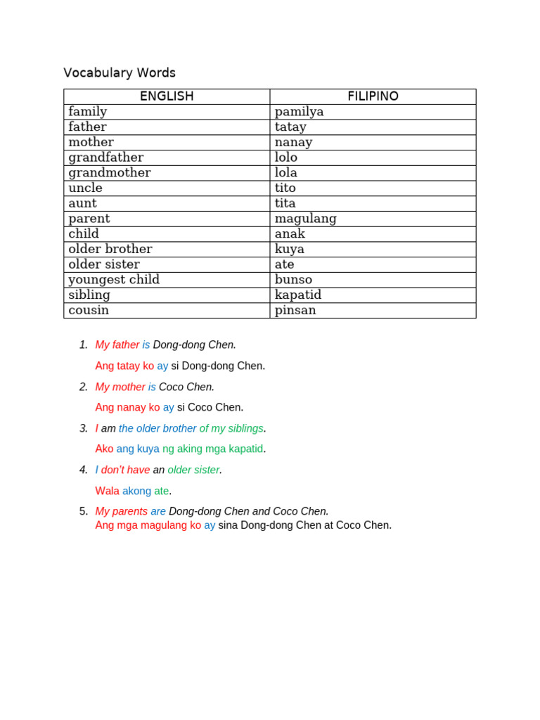Family Vocabulary in English and Filipino | PDF