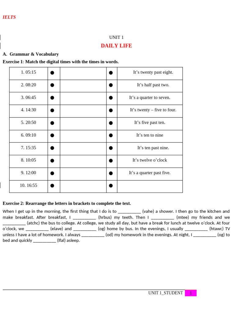 Unit 1 - Student | PDF | Meal | Lunch