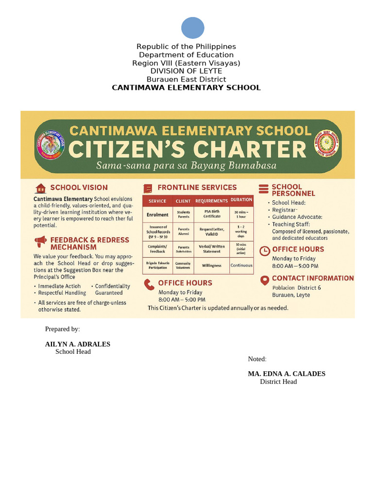 Cantimawa Elementary School Citizen's Charter | PDF