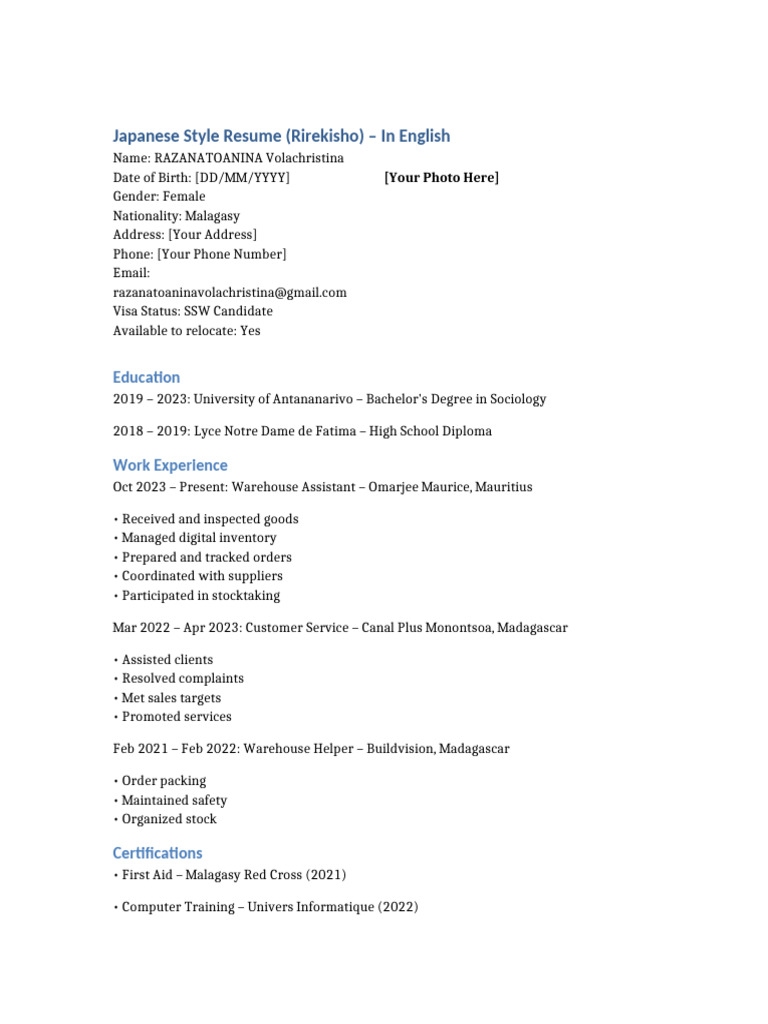 Japanese Style Resume Template RAZANATOANINA | PDF