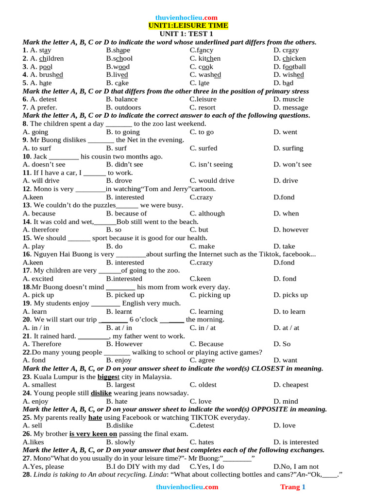 Bai Tap Bo Tro Anh 8 Unit 1 | PDF | Hobbies