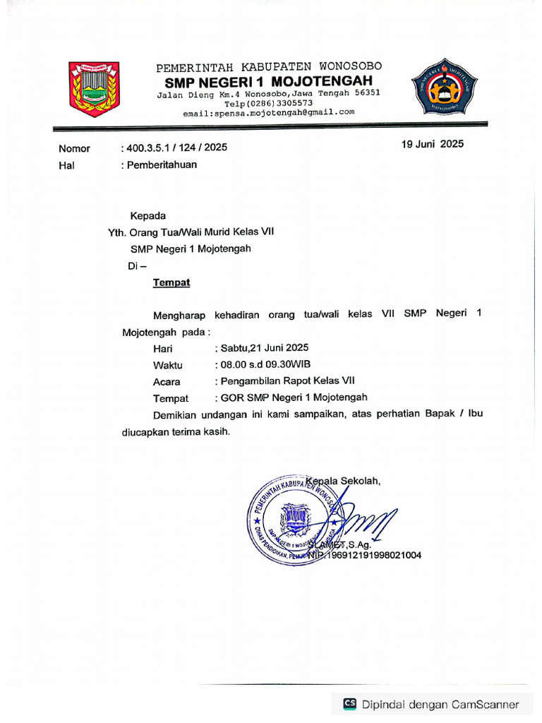 Pemberitahuan Pengambilan Rapot Kelas VII | PDF