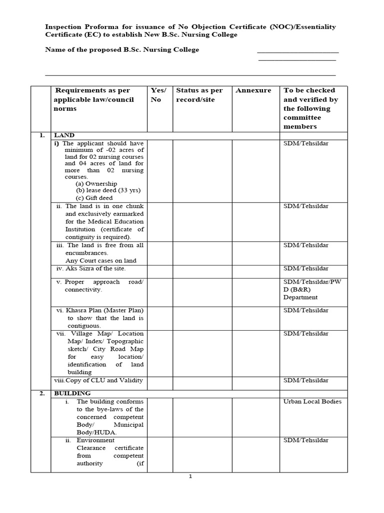 NOC Inspection Proforma for B.Sc. Nursing | PDF