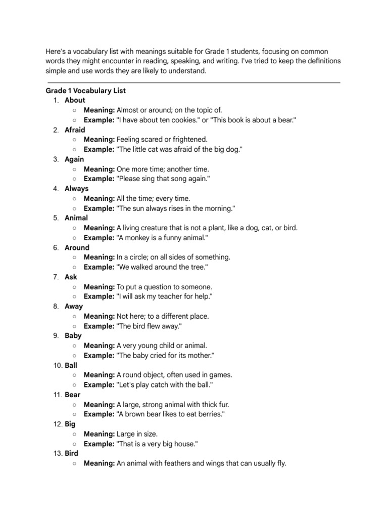 Grade 1 Vocabulary List with Meanings | PDF