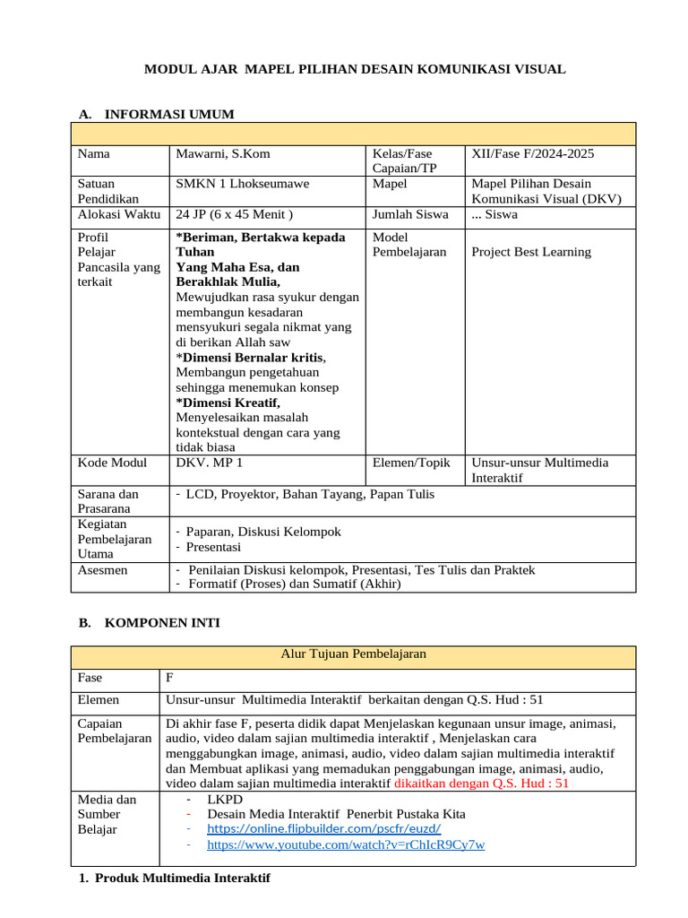 Modul Ajar 3 Unsur-Unsur MM Interaktif Mapel Pilihan Xii DKV | PDF