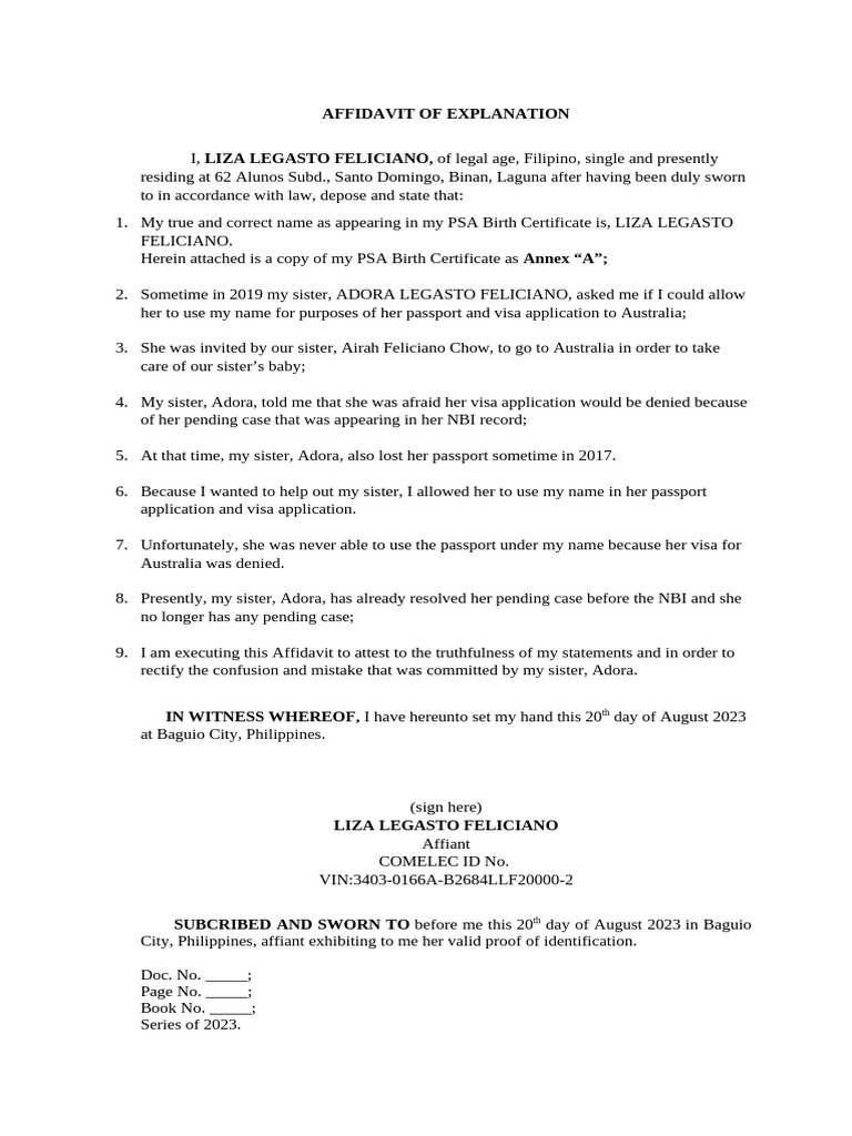 Affidavit of Explanation - Liza | PDF