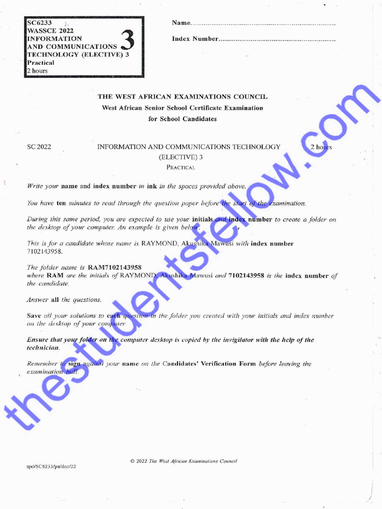 WASSCE Elective ICT 3 Past Questions 2022 | PDF